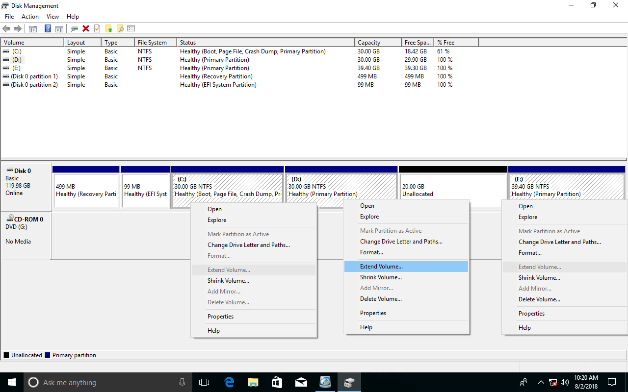 Extend Disk Partition with Windows 10 Extend Volume Function.